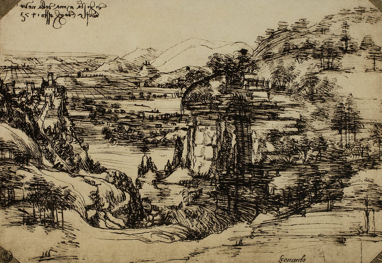 Paisaje del Valle del Arno, pluma sobre papel, Leonardo da Vinci (1452-1519), Gabinete de ...